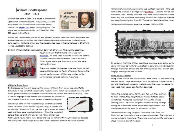 William Shakespeare information booklet to download | biography of ...